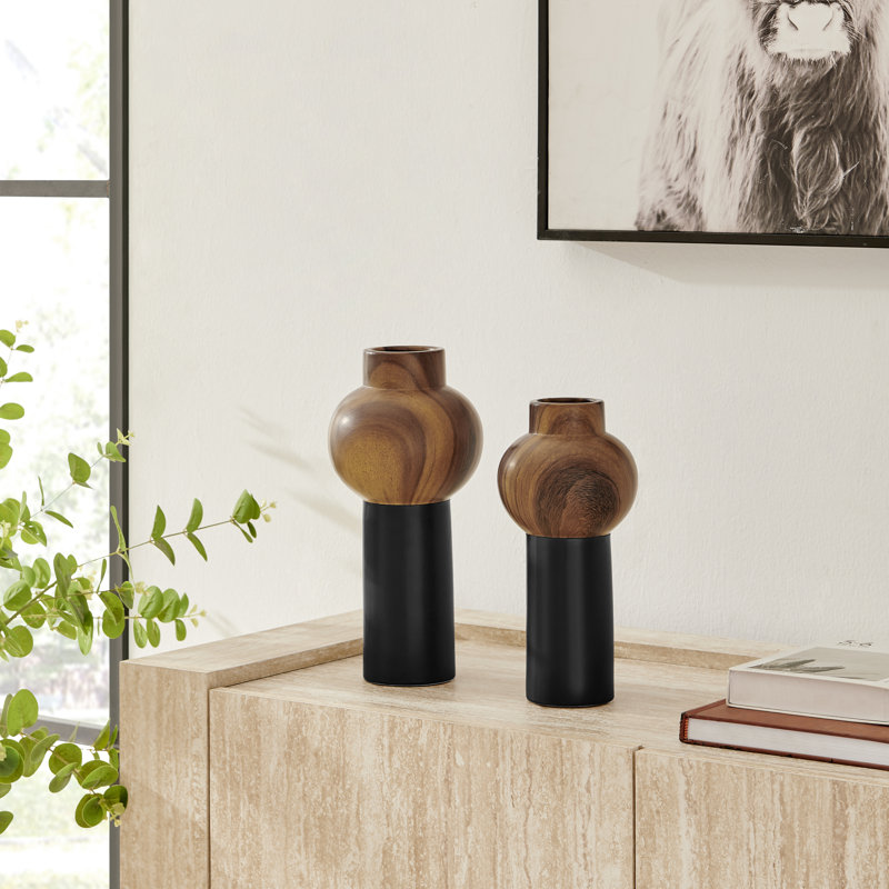 Wrought Studio™ Masanari 2 Piece Modern Two Tone Tabletop Vase Set - Black And Walnut | Wayfair